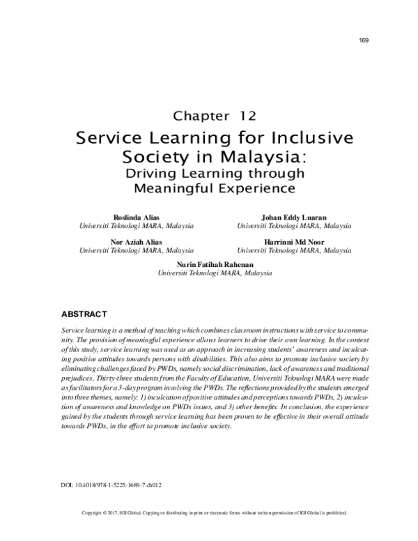 (PDF) Service Learning for Inclusive Society in Malaysia