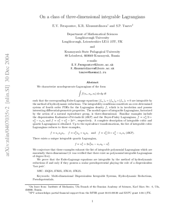 (PDF) On a class of three-dimensional integrable Lagrangians