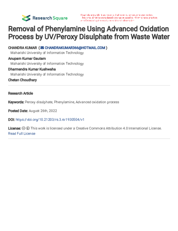 (PDF) Removal of Phenylamine Using Advanced Oxidation Process by UV ...