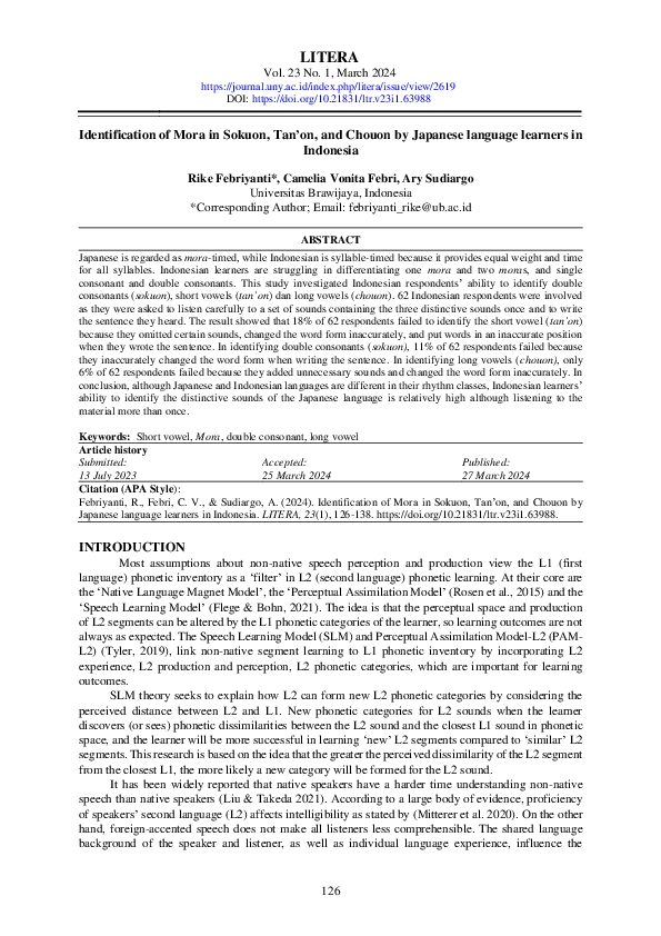 (PDF) Identification of Mora in Sokuon, Tan’on, and Chouon by Japanese ...