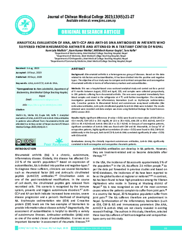 (PDF) Analytical Evaluation of Ana, Anti-CCP and Anti-DS Dna Antibodies ...