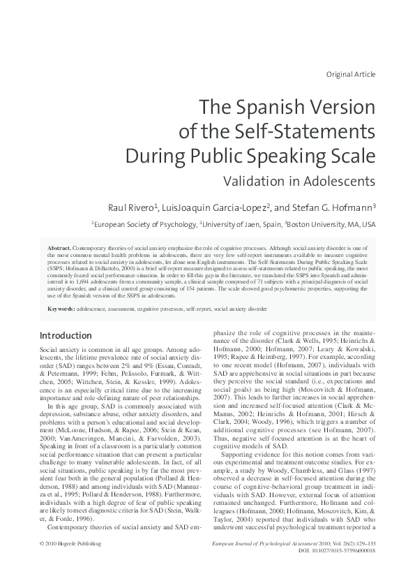 (PDF) SSPS: The Spanish Version of the Self-Statements During Public ...