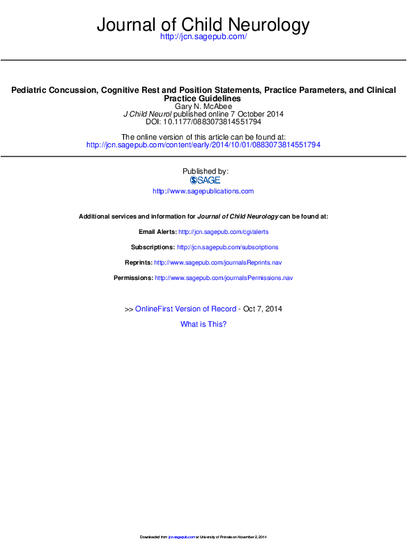 (PDF) Pediatric Concussion, Cognitive Rest and Position Statements ...