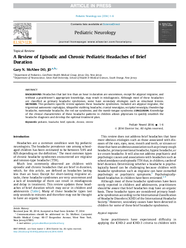 (PDF) A Review of Episodic and Chronic Pediatric Headaches of Brief ...