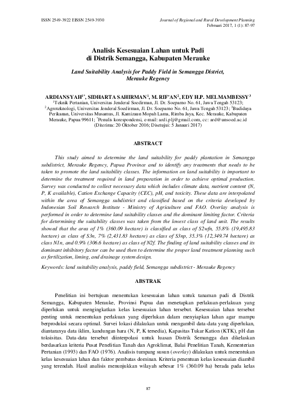 (PDF) Analisis Kesesuaian Lahan untuk Padi di Distrik Semangga ...