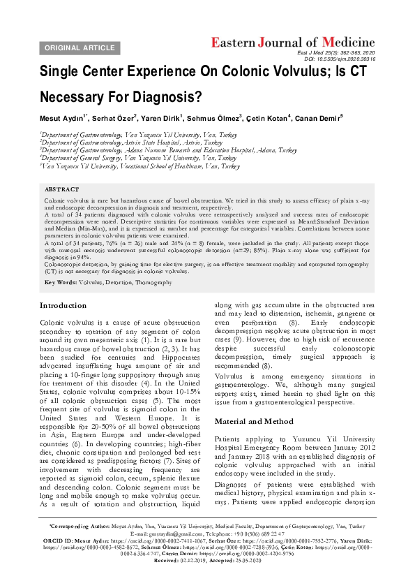 (PDF) Single center experience on colonic volvulus; Is CT necessary for ...