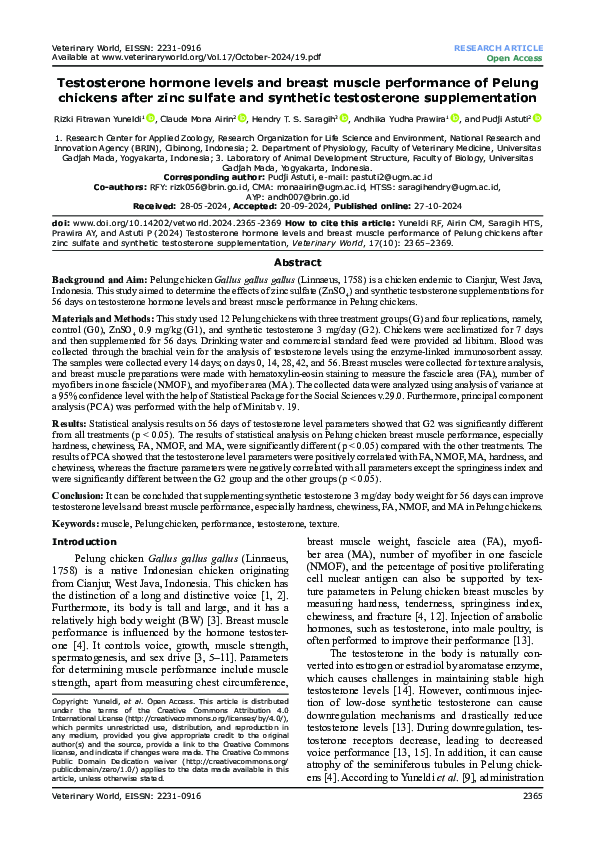 (PDF) Testosterone hormone levels and breast muscle performance of ...