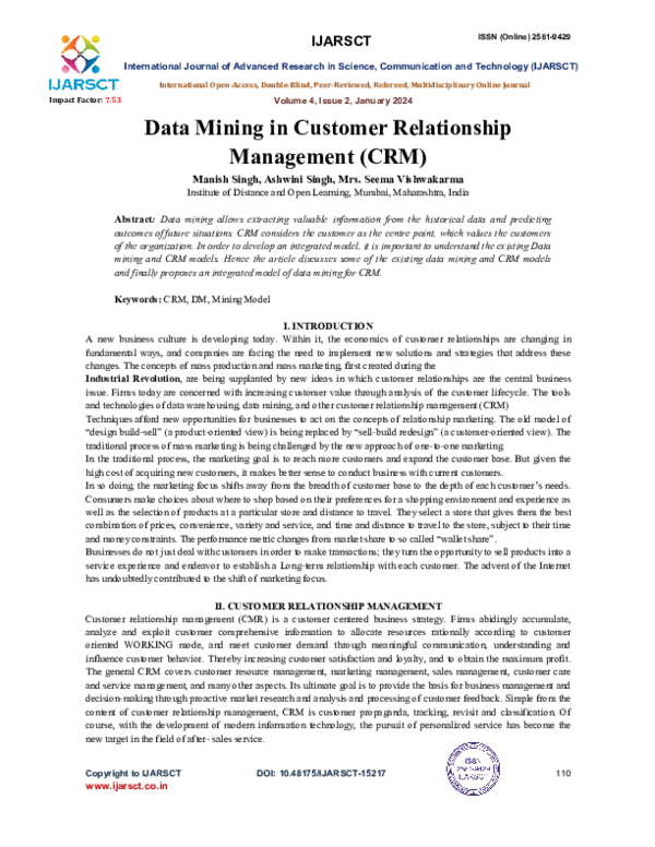 (PDF) Data Mining in Customer Relationship Management (CRM)