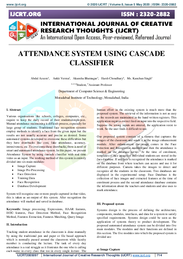 (PDF) Attendance System Using Cascade Classifier