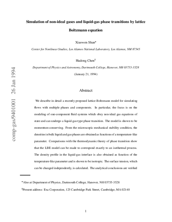 (PDF) Simulation of nonideal gases and liquid-gas phase transitions by the lattice Boltzmann ...