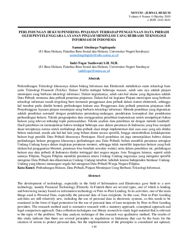 (PDF) Perlindungan Hukum Penerima Pinjaman Terhadap Penggunaan Data Pribadi Oleh Penyelenggara ...