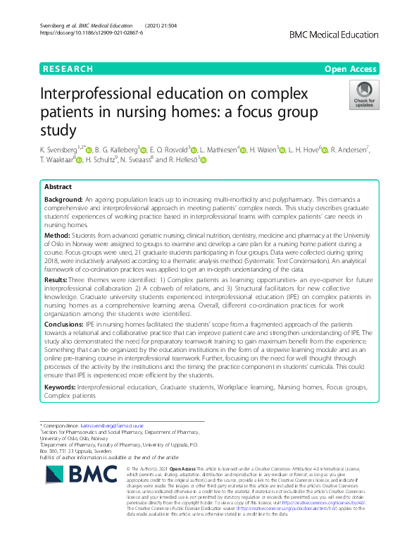 (PDF) Interprofessional education on complex patients in nursing homes: a focus group study