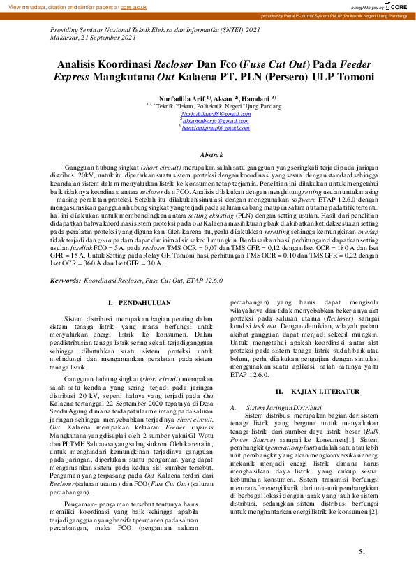 (PDF) Analisis Koordinasi Recloser dan FCO (Fuse Cut Out) pada Feeder ...