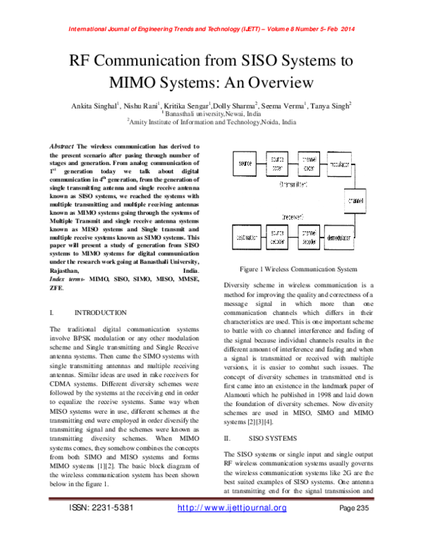 (PDF) RF Communication from SISO Systems to MIMO Systems: An Overview
