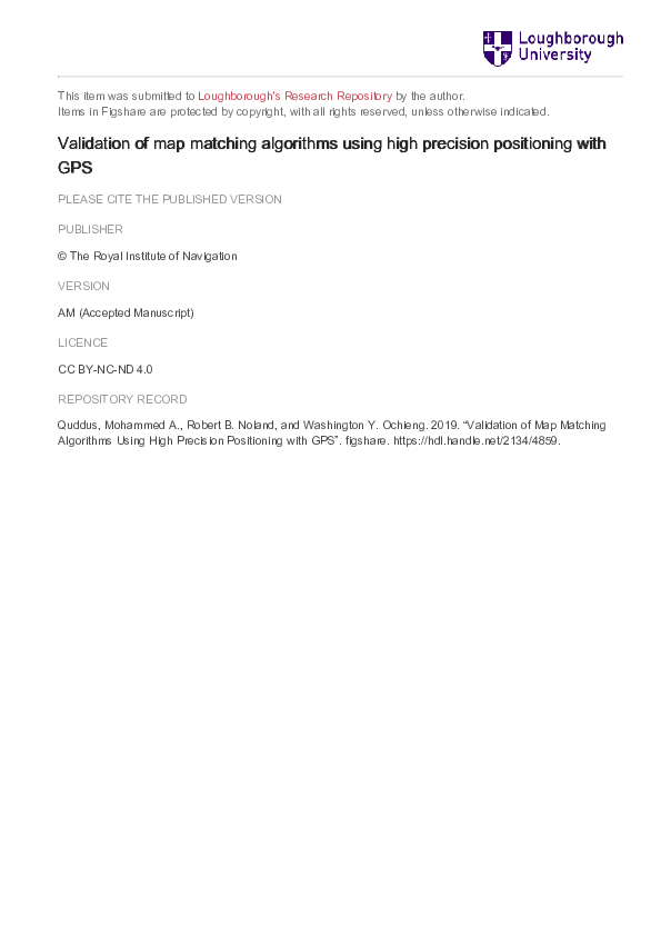 Pdf Validation Of Map Matching Algorithms Using High Precision