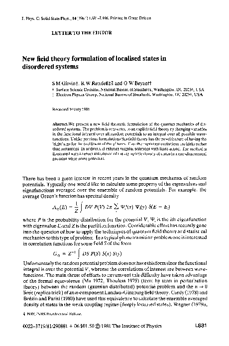(PDF) New field theory formulation of localised states in disordered ...