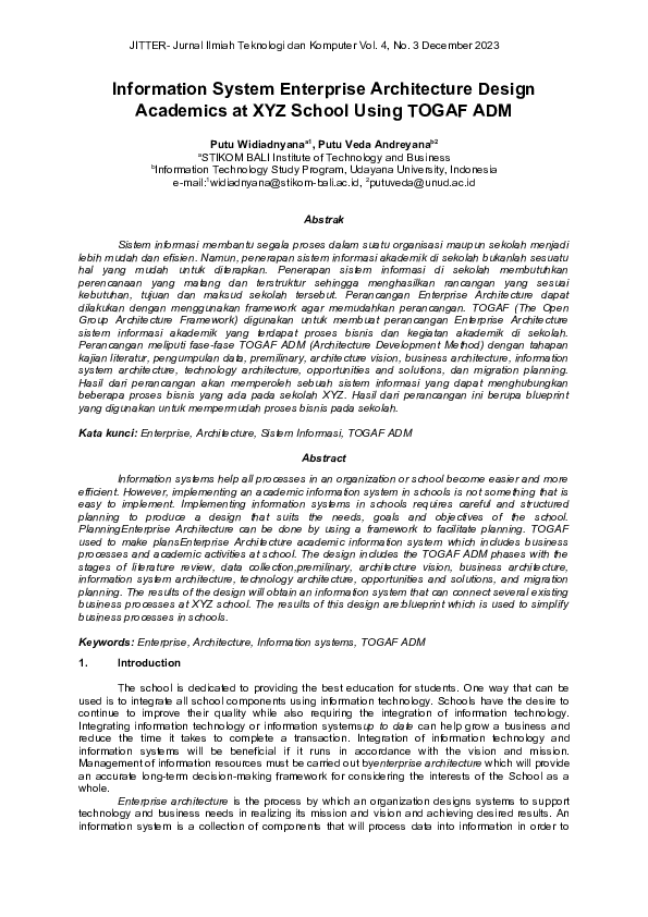 (PDF) Information System Enterprise Architecture Design Academics at XYZ School Using TOGAF ADM