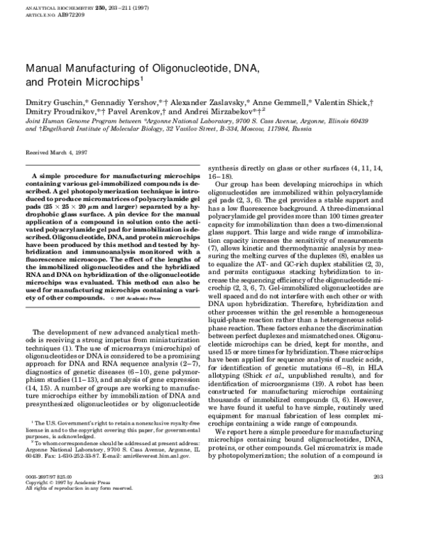 (PDF) Manual Manufacturing of Oligonucleotide, DNA, and Protein Microchips