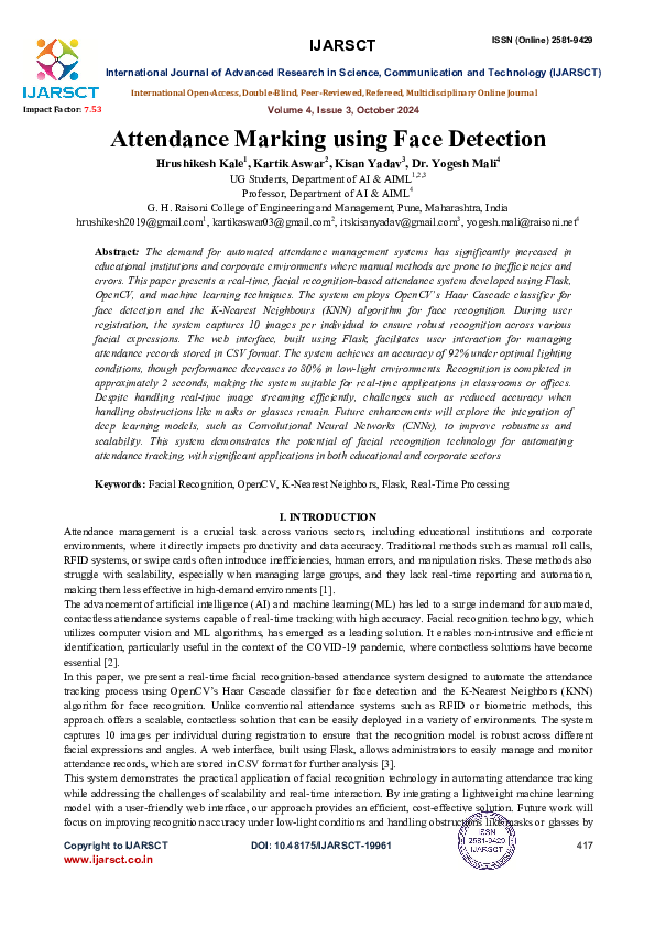 (PDF) Attendance Marking using Face Detection