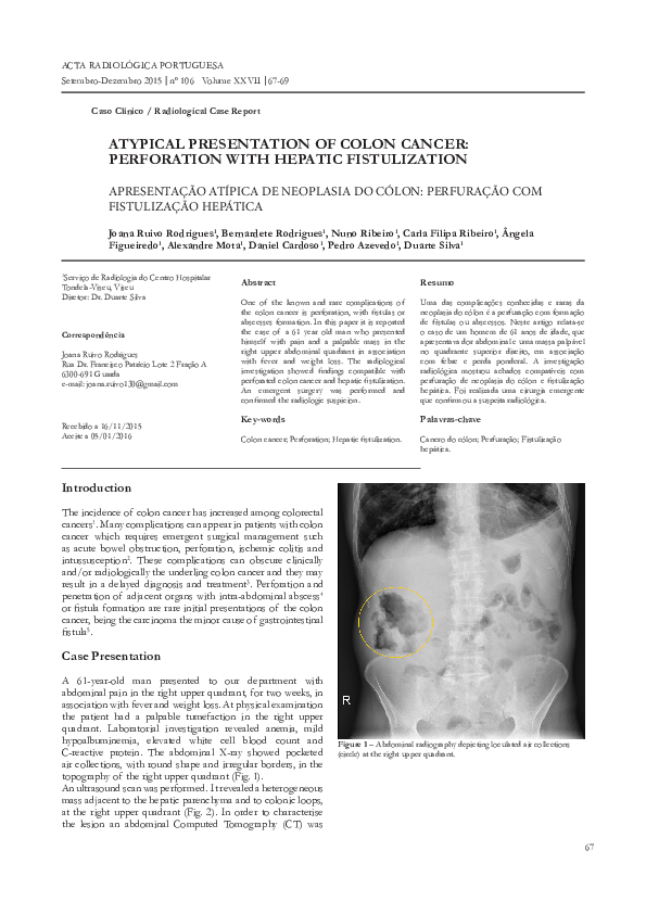 (PDF) ATYPICAL PRESENTATION OF COLON CANCER: PERFORATION WITH HEPATIC ...