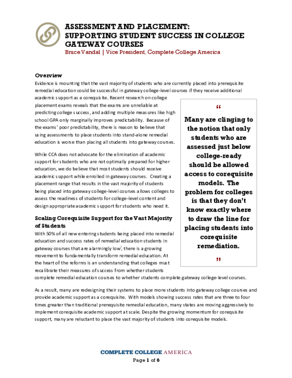 (PDF) Assessment and Placement: Supporting Student Success in College ...