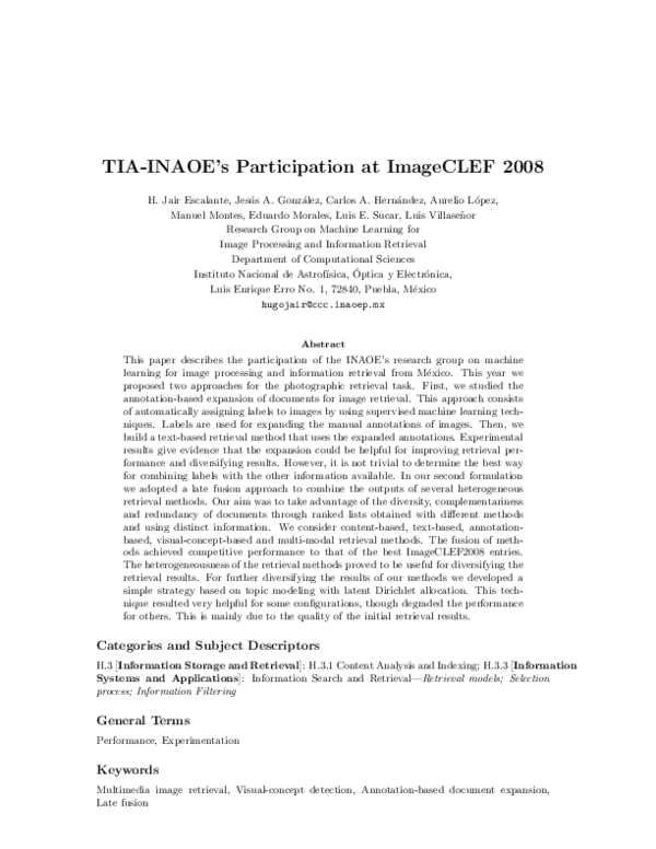 (PDF) TIA-INAOE’s Participation at ImageCLEF 2008 | Eduardo Morales - Academia.edu
