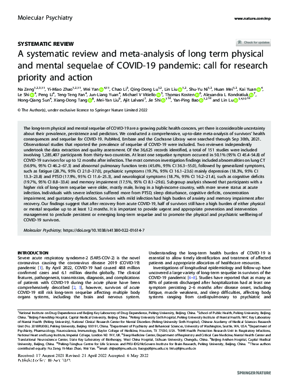 (PDF) A systematic review and meta-analysis of long term physical and mental sequelae of COVID ...