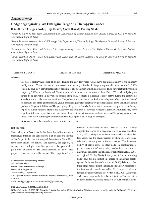 (PDF) Hedgehog Signaling: An emerging targeting therapy in Cancer ...