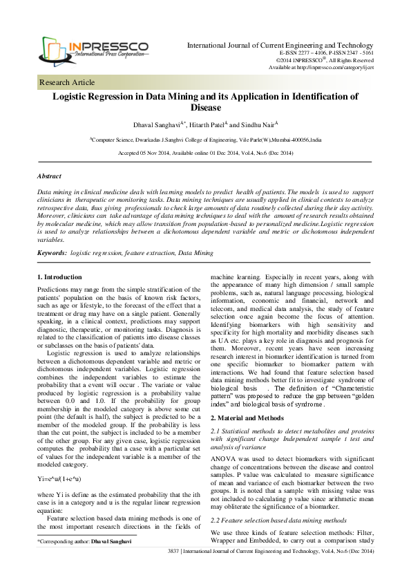 (PDF) Logistic Regression in Data Mining and its Application in Identification of Disease