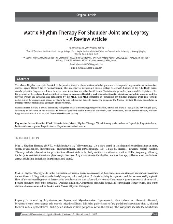 (PDF) Matrix Rhythm Therapy For Shoulder Joint and Leprosy – A Review ...
