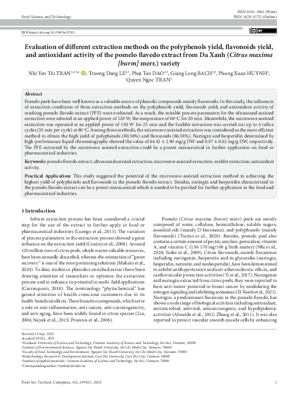 (PDF) Evaluation of different extraction methods on the polyphenols yield, flavonoids yield, and ...