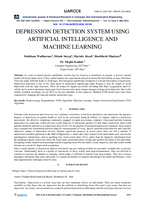 Pdf Depression Detection System Using Artificial Intelligence And Machine Learning