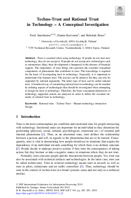 (PDF) Techno-Trust and Rational Trust in Technology – A Conceptual Investigation