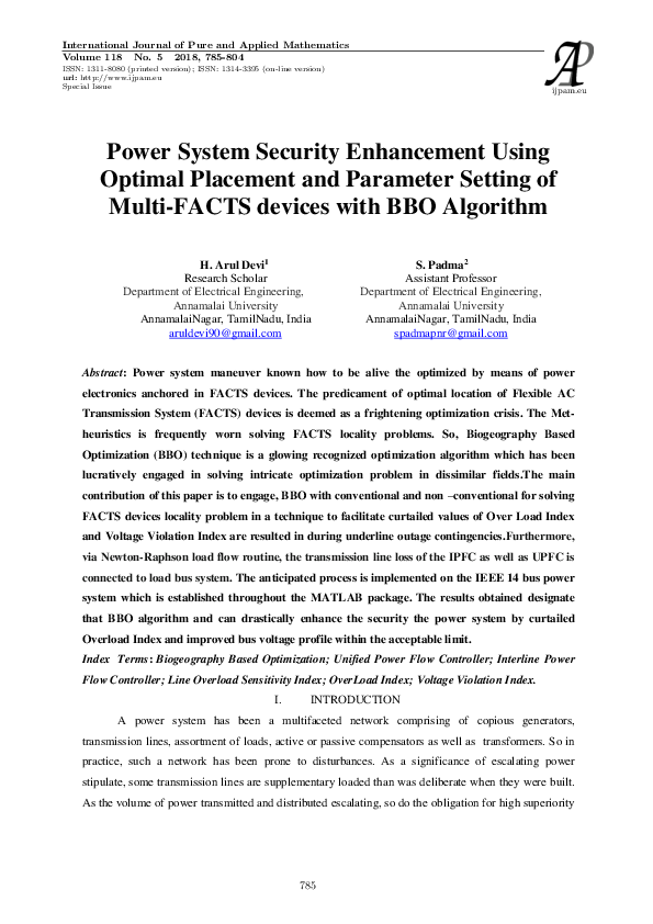 Pdf Power System Security Enhancement Using Optimal Placement And Parameter Setting Of Multi