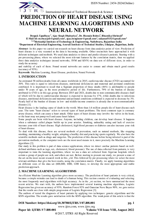 (PDF) Prediction of Heart Disease Using Machine Learning Algorithms and Neural Network