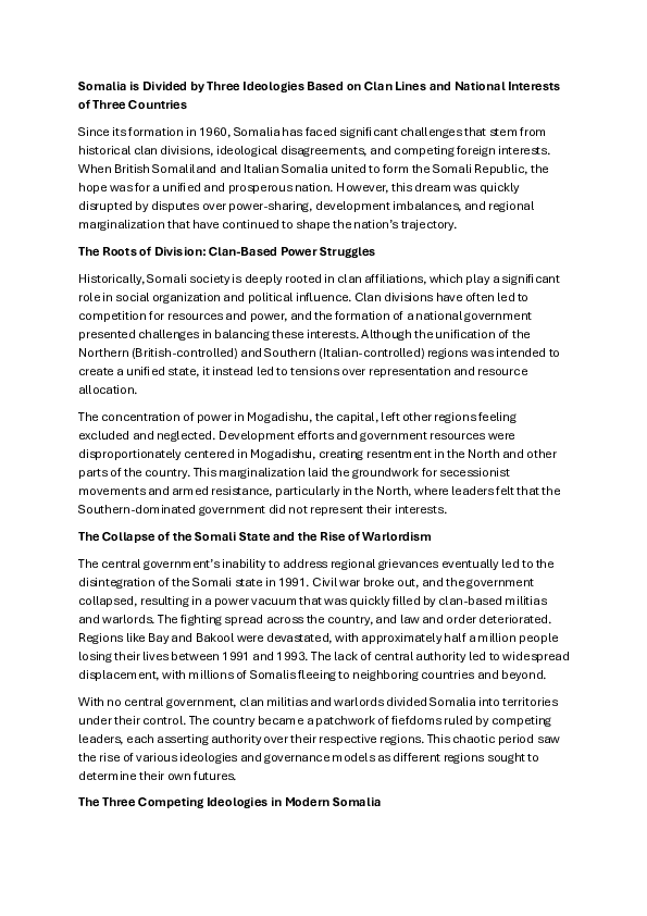 (PDF) Somalia is Divided by Three Ideologies Based on Clan Lines and ...
