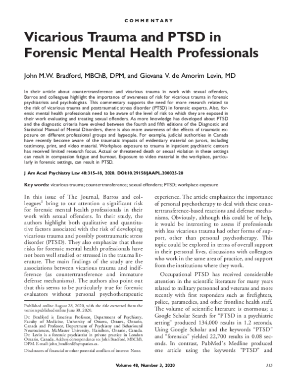 (PDF) Vicarious Trauma and PTSD in Forensic Mental Health Professionals