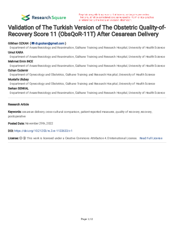 (PDF) Validation of The Turkish Version of The Obstetric Quality-of ...