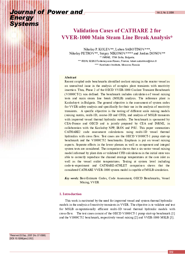 (PDF) Validation Cases of CATHARE 2 for VVER-1000 Main Steam Line Break ...