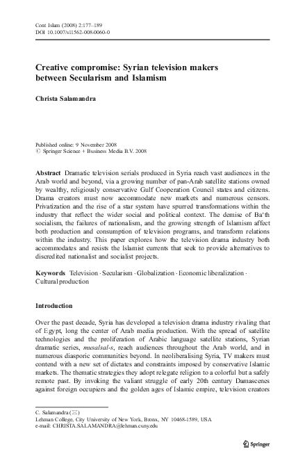 (PDF) Creative compromise: Syrian television makers between Secularism ...