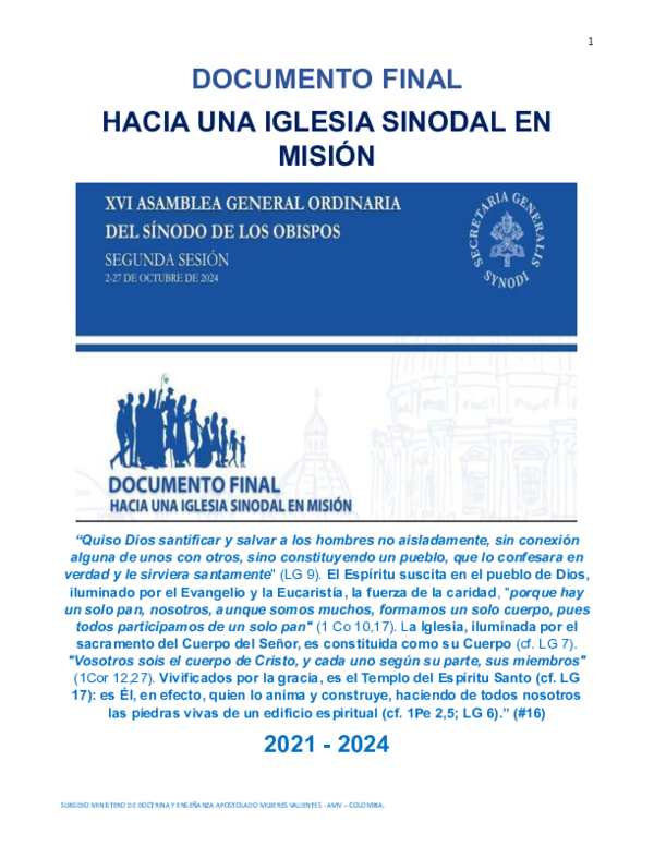 (PDF) DOCUMENTO CONCLUSIVO DE SINODO SINODALIDAD 2024
