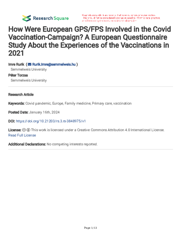 (PDF) How Were European GPS/FPS Involved in the COVID Vaccination-Campaign? A European ...