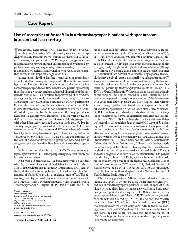 (PDF) Use of recombinant factor VIIa in a thrombocytopenic patient with ...