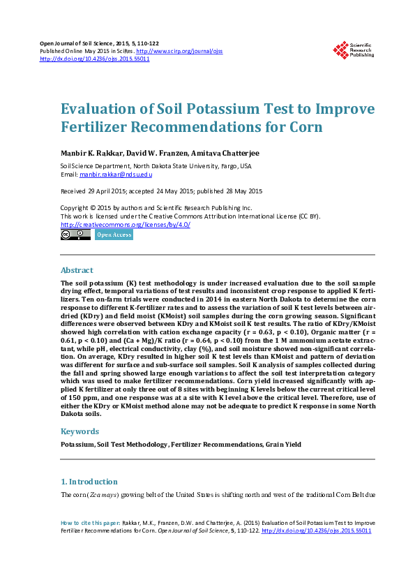 (PDF) Evaluation of Soil Potassium Test to Improve Fertilizer ...