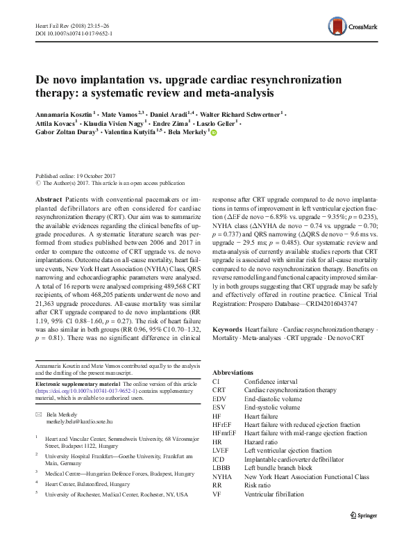 (PDF) De novo implantation vs. upgrade cardiac resynchronization therapy: a systematic review ...
