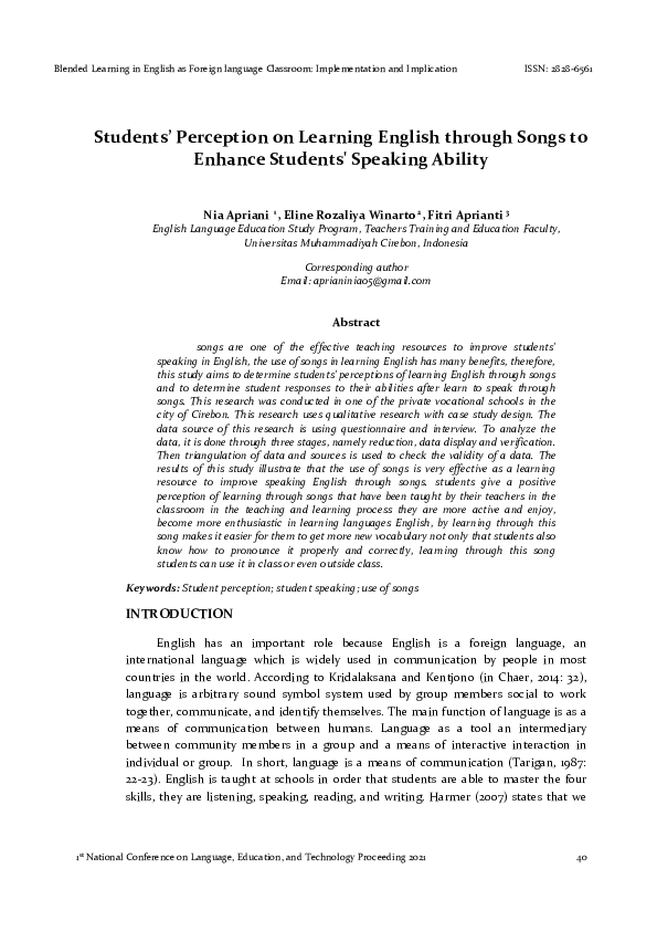 (PDF) Students’ Perception on Learning English through Songs to Enhance ...