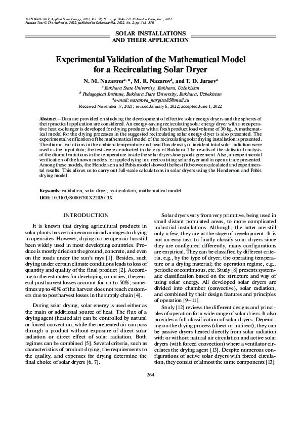 (PDF) Experimental Validation of the Mathematical Model for a Recirculating Solar Dryer