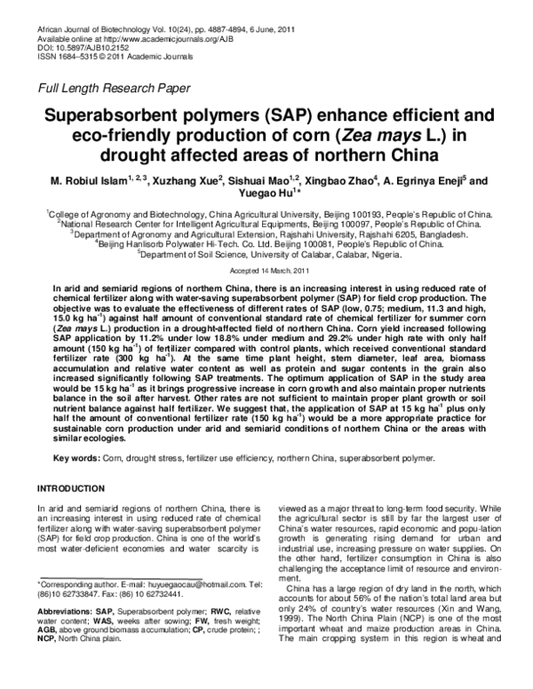 (PDF) Superabsorbent polymers (SAP) enhance efficient and eco-friendly production of corn (Zea ...
