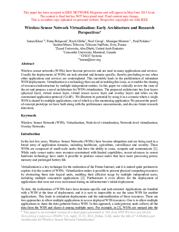 (PDF) Wireless sensor network virtualization: early architecture and research perspectives