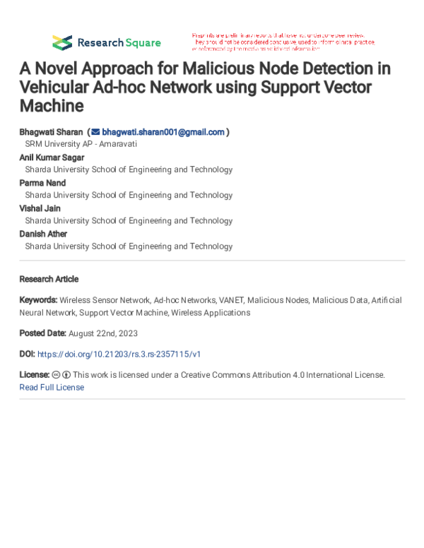 (PDF) A Novel Approach for Malicious Node Detection in Vehicular Ad-hoc Network using Support ...